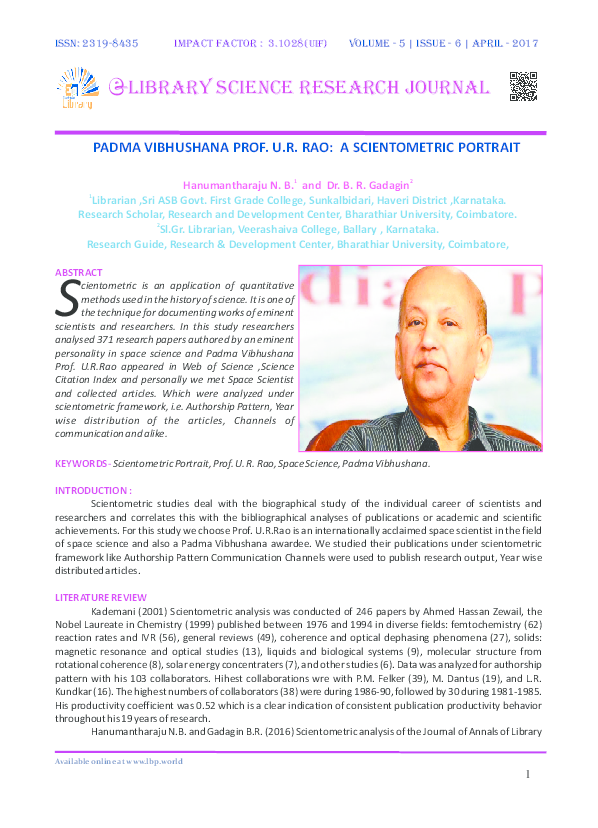 (PDF) PADMA VIBHUSHANA PROF. U.R. RAO: A SCIENTOMETRIC PORTRAIT