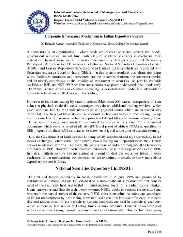 (PDF) Corporate Governance Mechanism in Indian Depository System