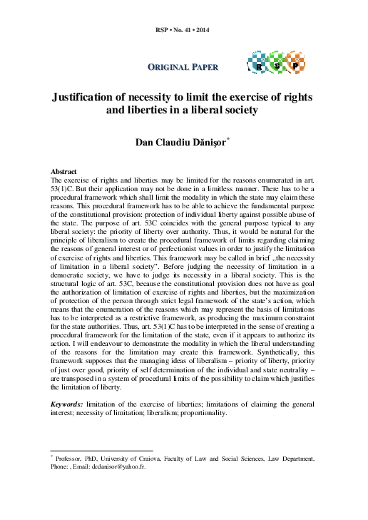 (PDF) Dan Claudiu DANISOR, Justification of necessity to limit the ...