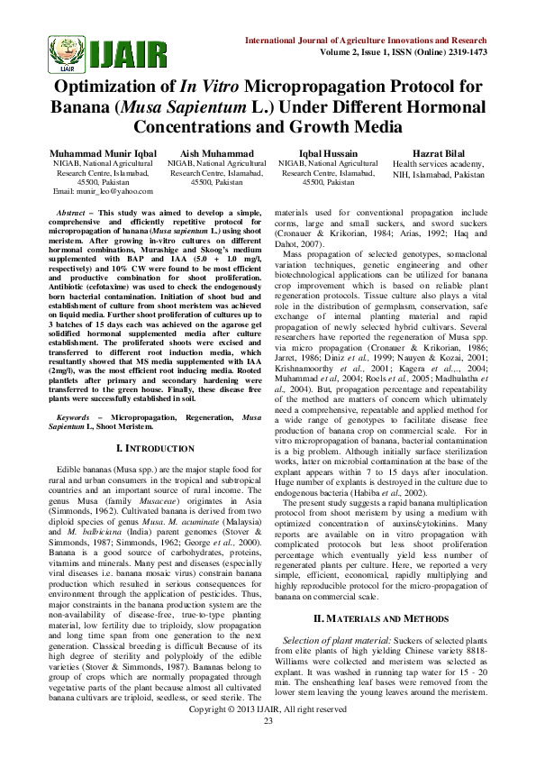 Pdf Optimization Of In Vitro Micropropagation Protocol For Banana Musa Sapientum L Under