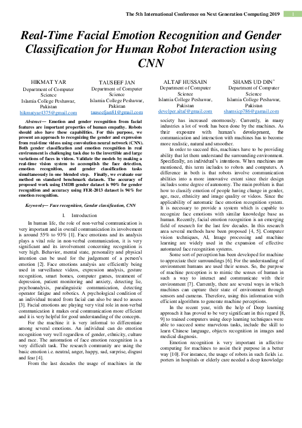 Pdf Real Time Facial Emotion Recognition And Gender Classification For Human Robot Interaction