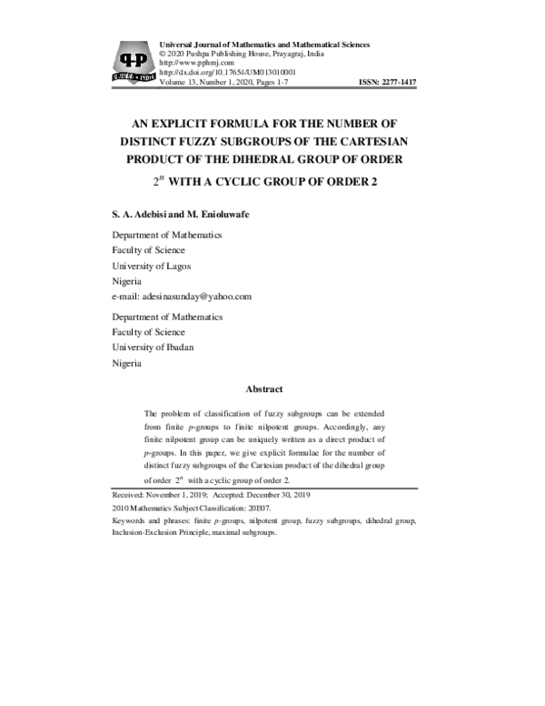 Pdf An Explicit Formula For The Number Of Distinct Fuzzy Subgroups Of The Cartesian Product Of