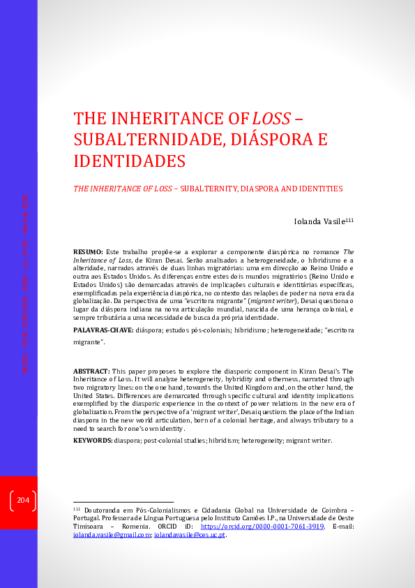 (PDF) THE INHERITANCE OF LOSS - SUBALTERNIDADE, DIA SPORA E IDENTIDADES ...