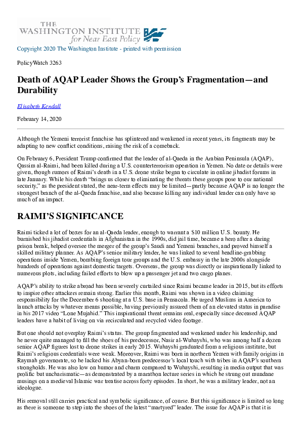 (PDF) Death of AQAP Leader Shows the Group’s Fragmentation—and Durability