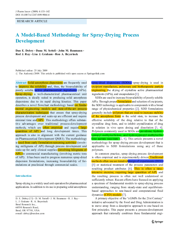 Pdf A Model Based Methodology For Spray Drying Process Development
