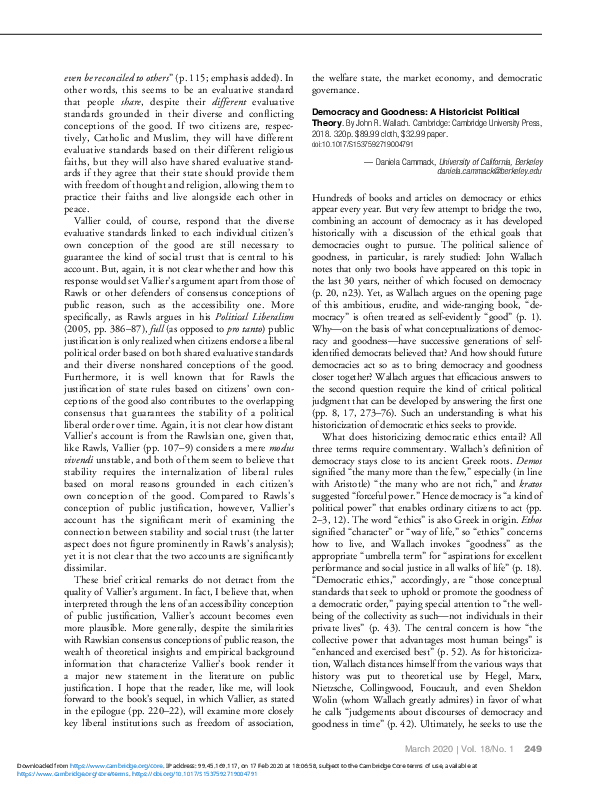 (PDF) Review of John Wallach's Democracy and Goodness: A Historicist ...