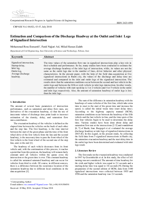 (PDF) Estimation and Comparison of the Discharge Headway at the Outletand InletLegs of ...