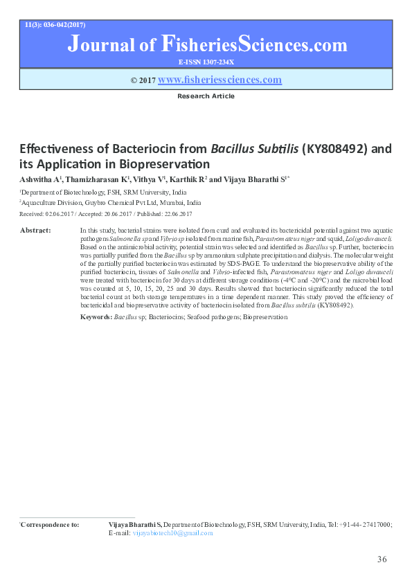 Pdf Effectiveness Of Bacteriocin From Bacillus Subtilis Ky808492 And Its Application In