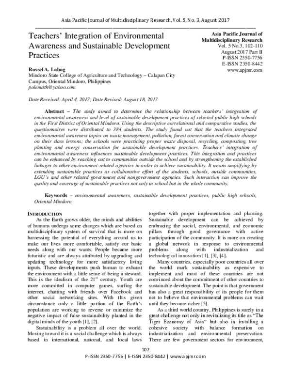(PDF) Teachers' Integration of Environmental Awareness and Sustainable ...