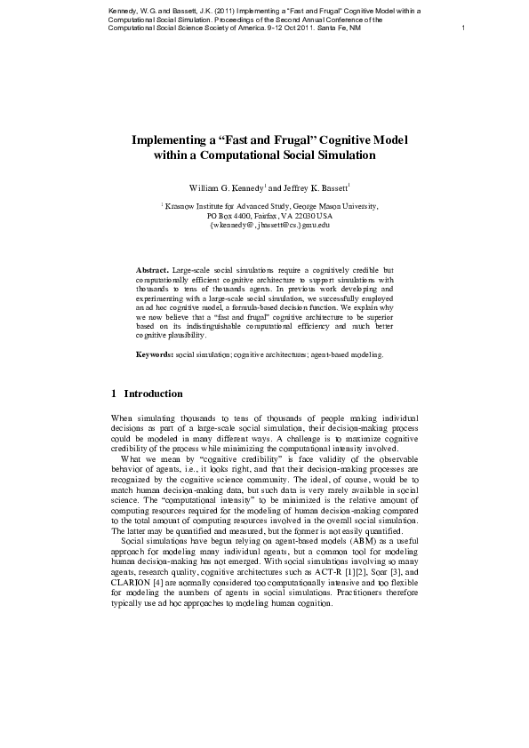 (PDF) Implementing a “Fast and Frugal” Cognitive Model within a Computational Social Simulation