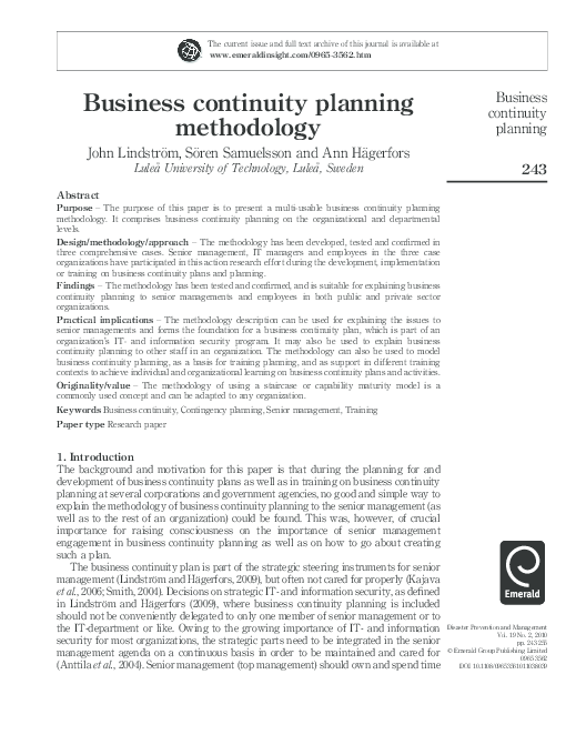(PDF) Business continuity planning methodology