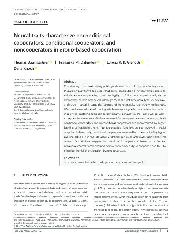 Pdf Neural Traits Characterize Unconditional Cooperators Conditional