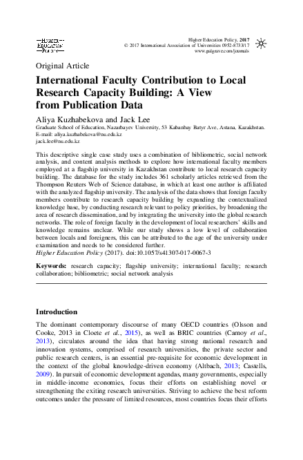 (PDF) International Faculty Contribution to Local Research Capacity ...