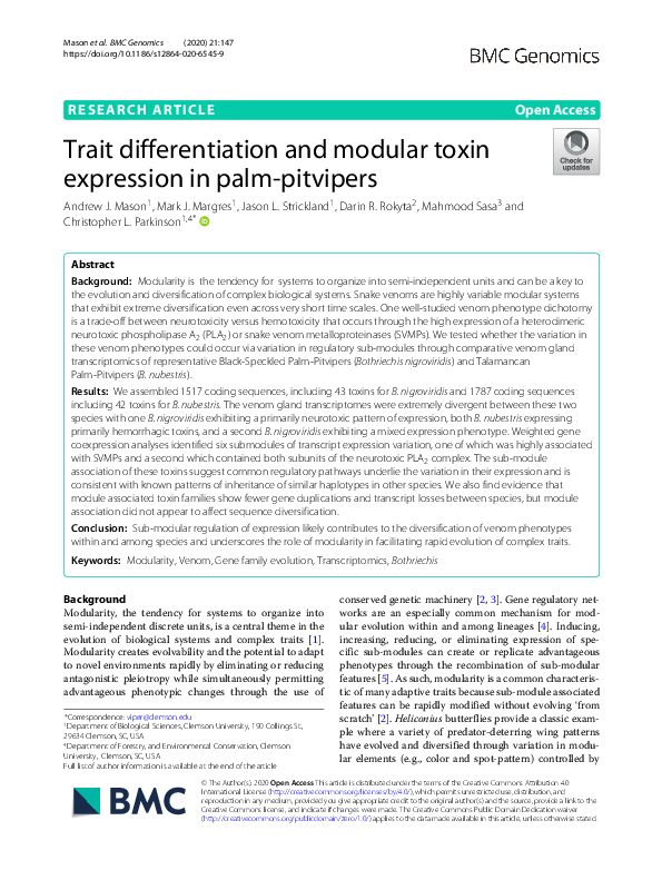 (PDF) Trait differentiation and modular toxin expression in palm-pitvipers