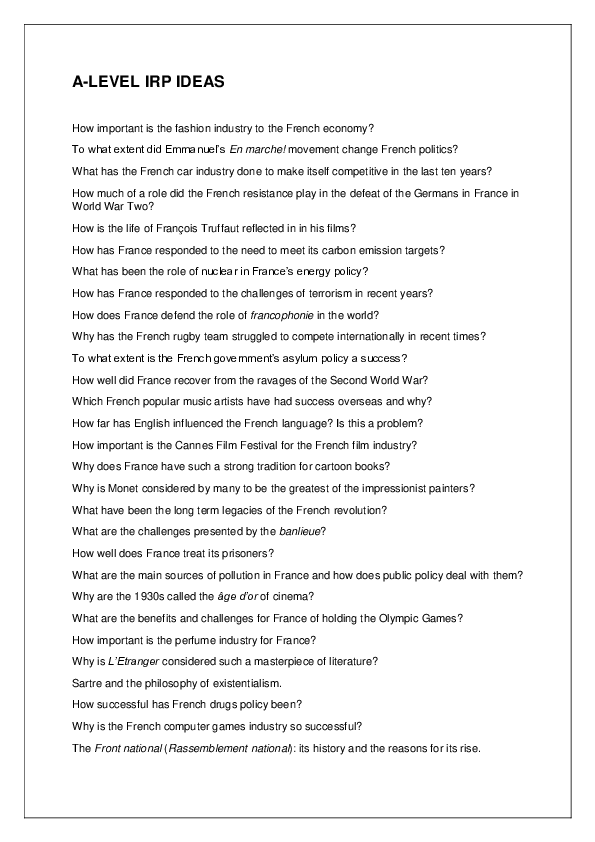 (DOC) A-LEVEL IRP IDEAS