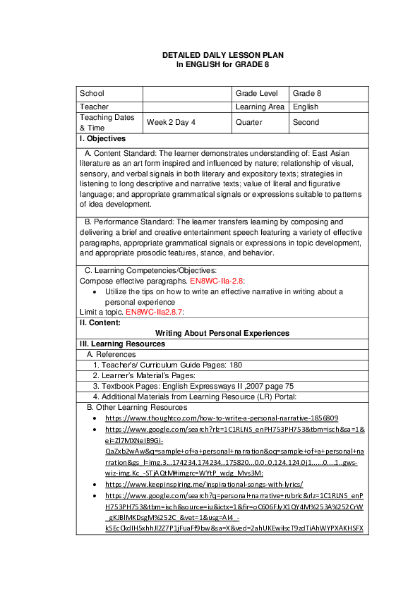 (DOC) DETAILED DAILY LESSON PLAN In ENGLISH for GRADE 8