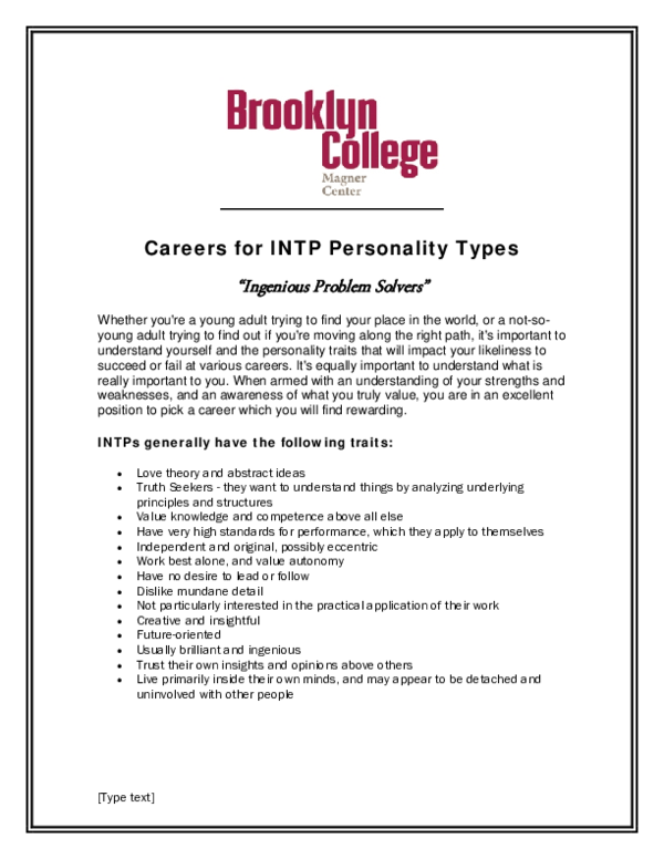 (PDF) Careers for INTP Personality Types "Ingenious Problem Solvers"