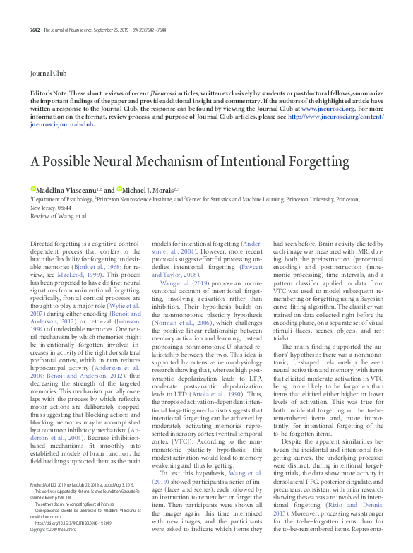 (PDF) A Possible Neural Mechanism of Intentional Forgetting