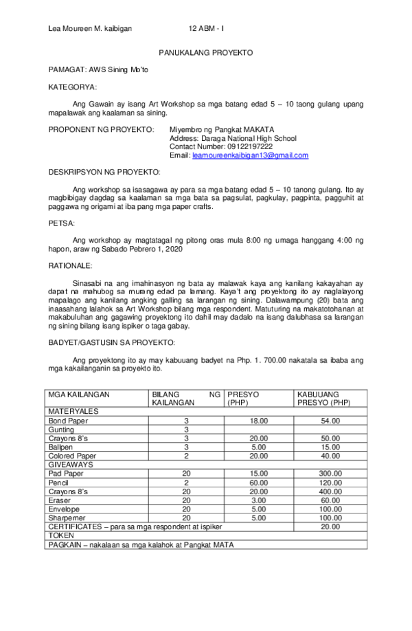 (DOC) PANUKALANG PROYEKTO (DOC) PANUKALANG PROYEKTO