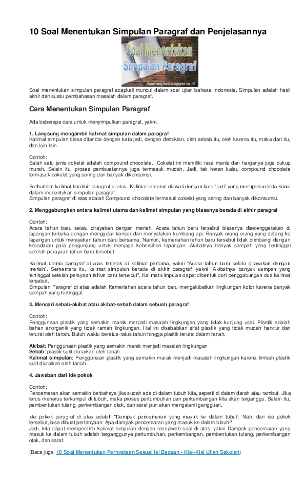 (DOC) Soal Menentukan Simpulan Paragraf dan Penjelasannya