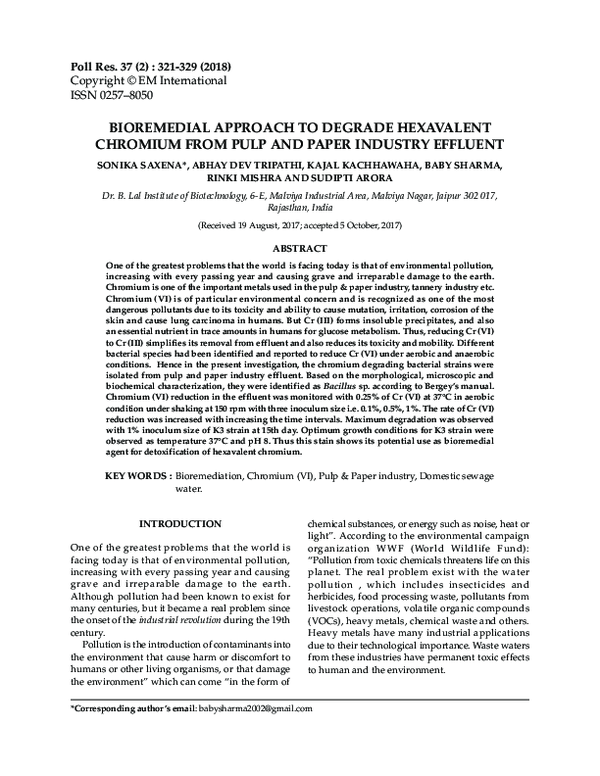 (PDF) BIOREMEDIAL APPROACH TO DEGRADE HEXAVALENT CHROMIUM FROM PULP AND ...