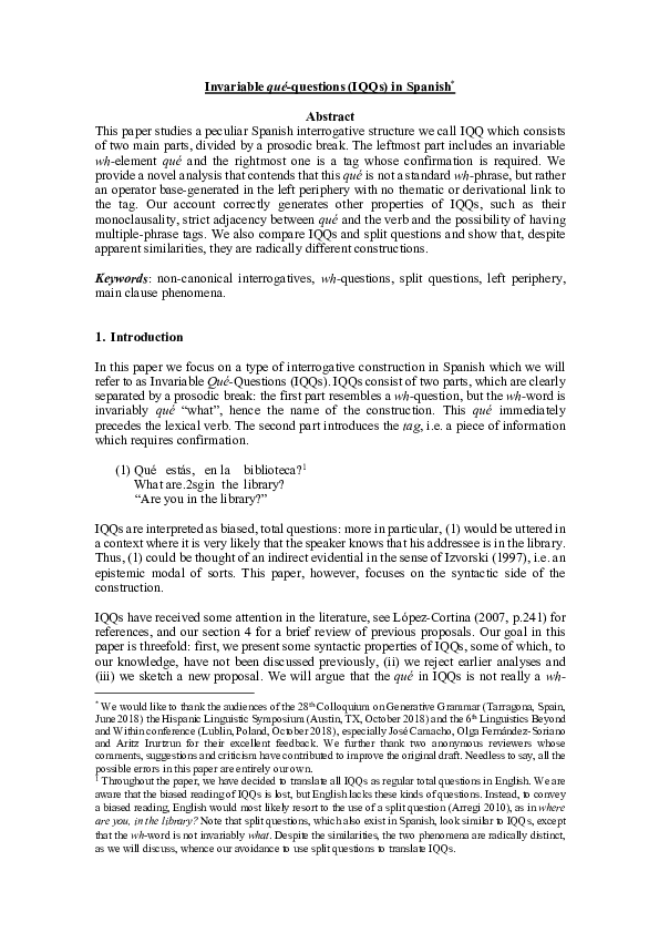(PDF) Invariable qué-questions (IQQs) in Spanish