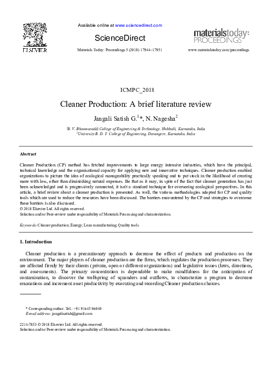 (PDF) Cleaner Production: A brief literature review