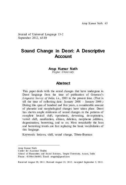 (PDF) Sound Change in Deori: A Descriptive Account 1 66 Sound Change in ...