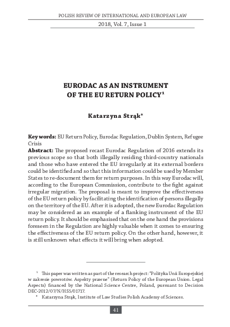(PDF) EURODAC as an instrument of the EU return policy | Katarzyna ...