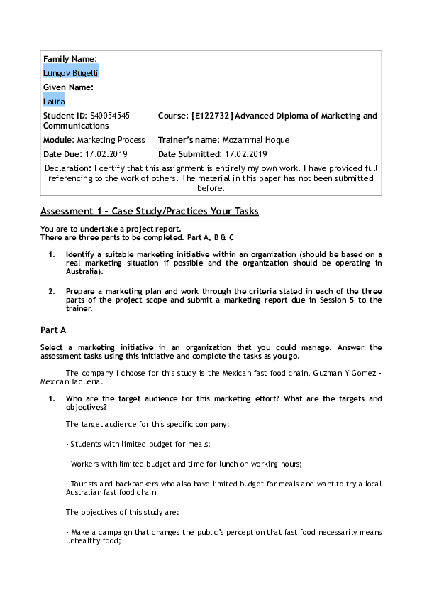 (PDF) Assessment 1 -Case Study/Practices Your Tasks