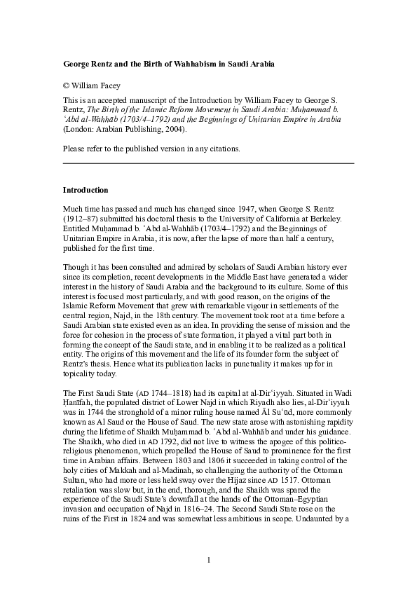 (DOC) George Rentz and the Birth of Wahhabism in Saudi Arabia