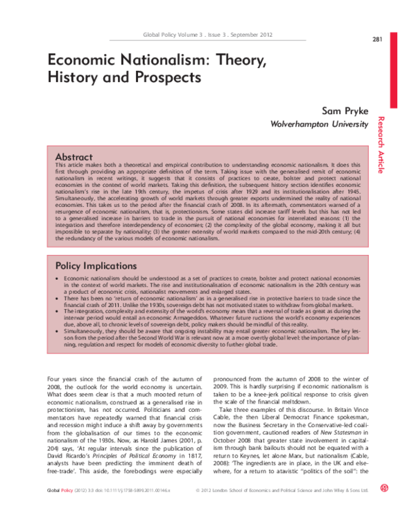 (PDF) Economic Nationalism: Theory, History and Prospects