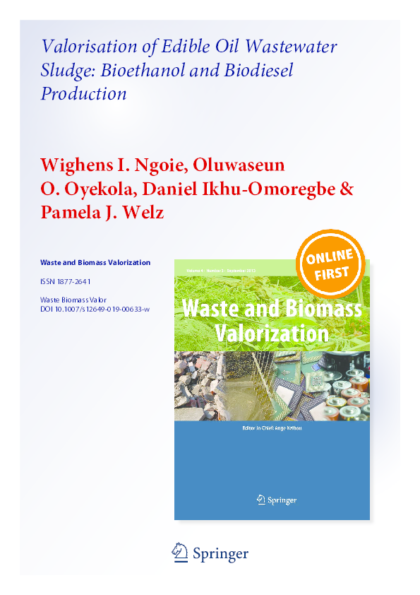 (PDF) Valorisation of Edible Oil Wastewater Sludge: Bioethanol and Biodiesel Production