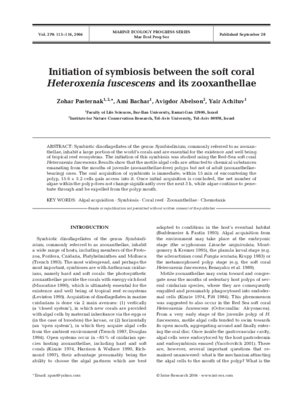 (PDF) Initiation of symbiosis between the soft coral Heteroxenia ...
