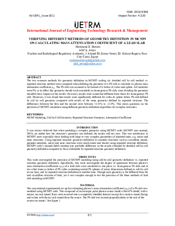 (PDF) VERIFYING DIFFERENT METHODS OF GEOMETRY DEFINITION IN MCNP5 ON ...
