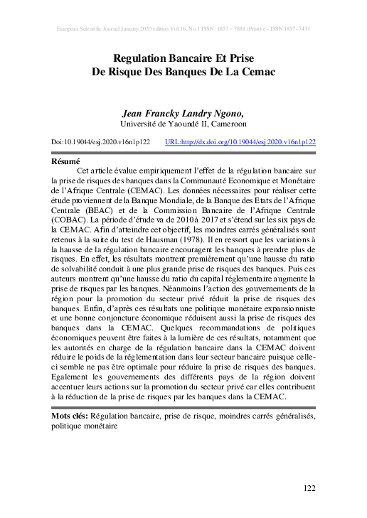 (PDF) Regulation Bancaire Et Prise De Risque Des Banques De La Cemac