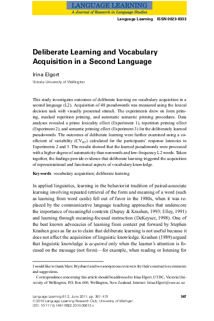 (PDF) Deliberate Learning and Vocabulary Acquisition in a Second Language