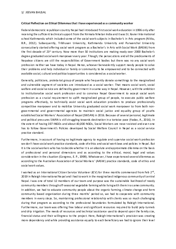 (DOC) Critical Reflection on Social Work Ethical Dilemmas