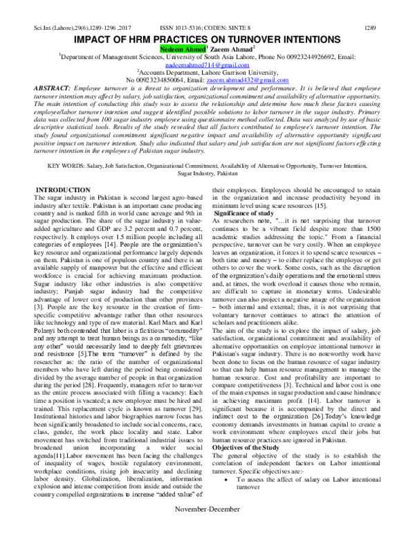 (PDF) IMPACT OF HRM PRACTICES ON TURNOVER INTENTIONS