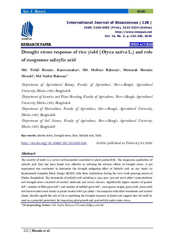 (PDF) Drought stress response of rice yield (Oryza sativa L.) and role of exogenous salicylic acid