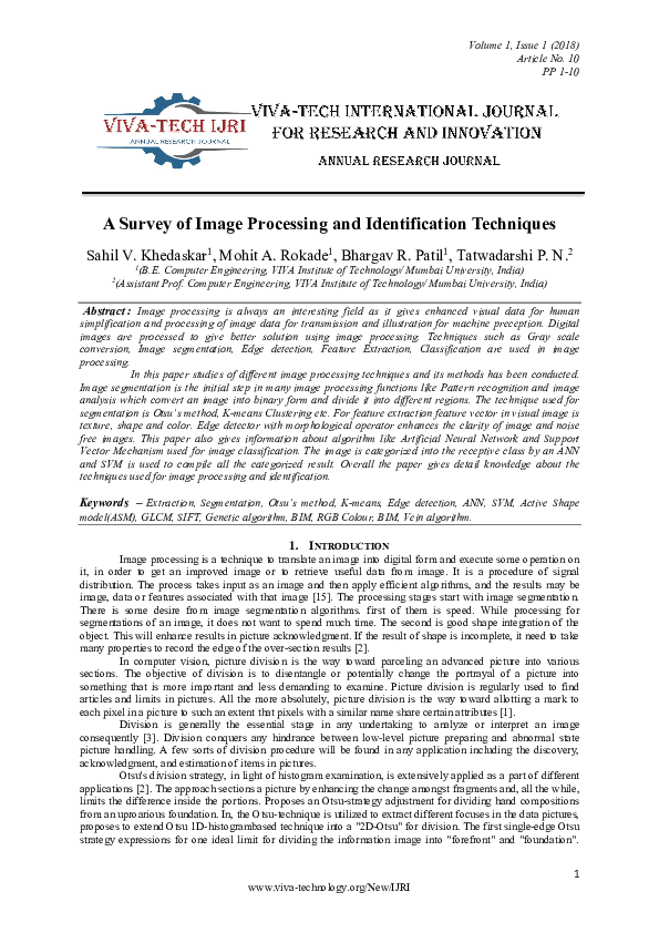 (PDF) A Survey of Image Processing and Identification Techniques