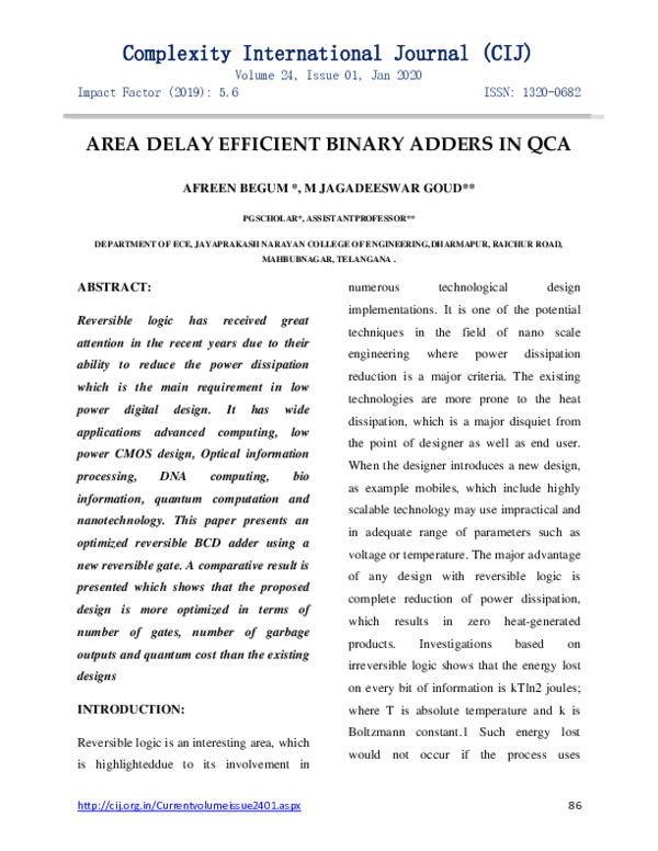 (PDF) AREA DELAY EFFICIENT BINARY ADDERS IN QCA