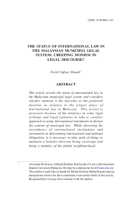 (PDF) The status of international law in the Malaysian municipal legal ...
