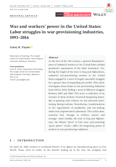 (PDF) War and workers’ power in the United States: Labor struggles in ...