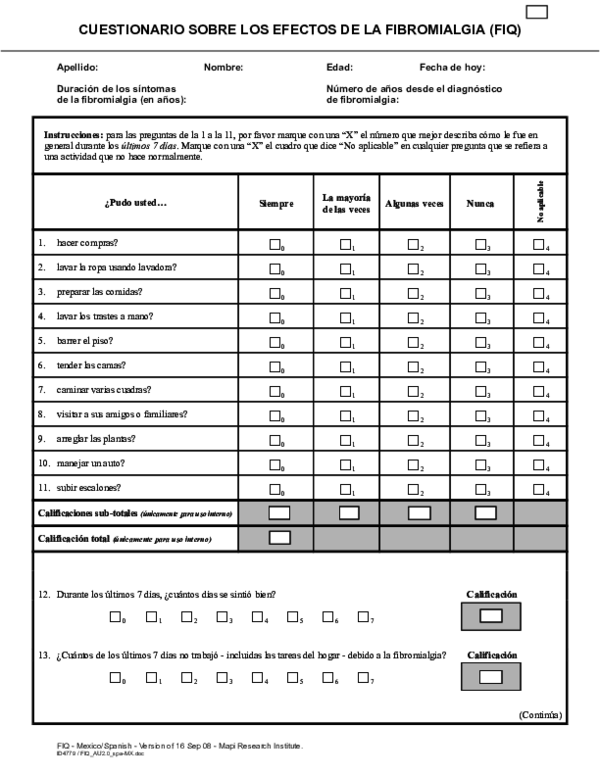 (DOC) CUESTIONARIO SOBRE LOS EFECTOS DE LA Fibromialgia (FIQ