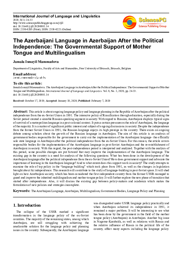 (PDF) The Azerbaijani Language in Azerbaijan After the Political Independence: The Governmental ...