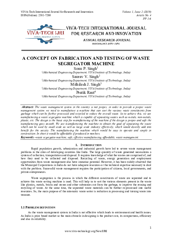 (PDF) A CONCEPT ON FABRICATION AND TESTING OF WASTE SEGREGATOR MACHINE