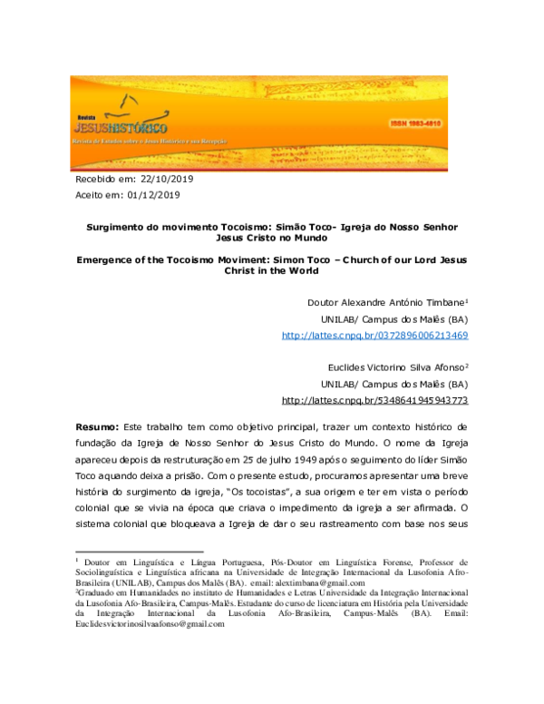 (PDF) Surgimento do movimento Tocoismo: Simão Toco-Igreja do Nosso Senhor