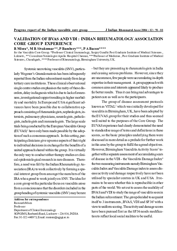 (PDF) A. Validation of BVAS and VDI: Indian Rheumatology Association ...