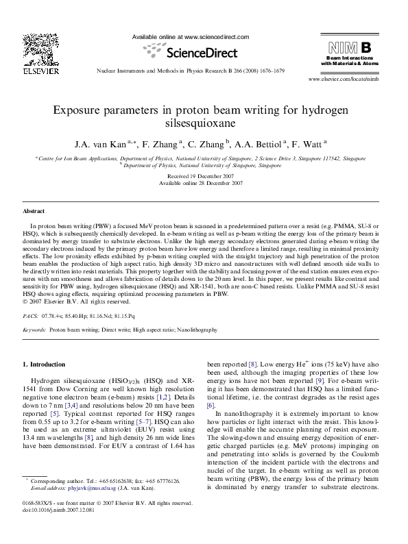 (PDF) Exposure parameters in proton beam writing for hydrogen ...